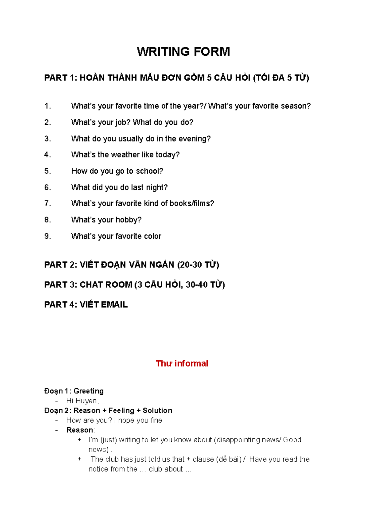 Writing FORM - english - WRITING FORM PART 1: HOÀN THÀNH MẪU ĐƠN GỒM 5 ...