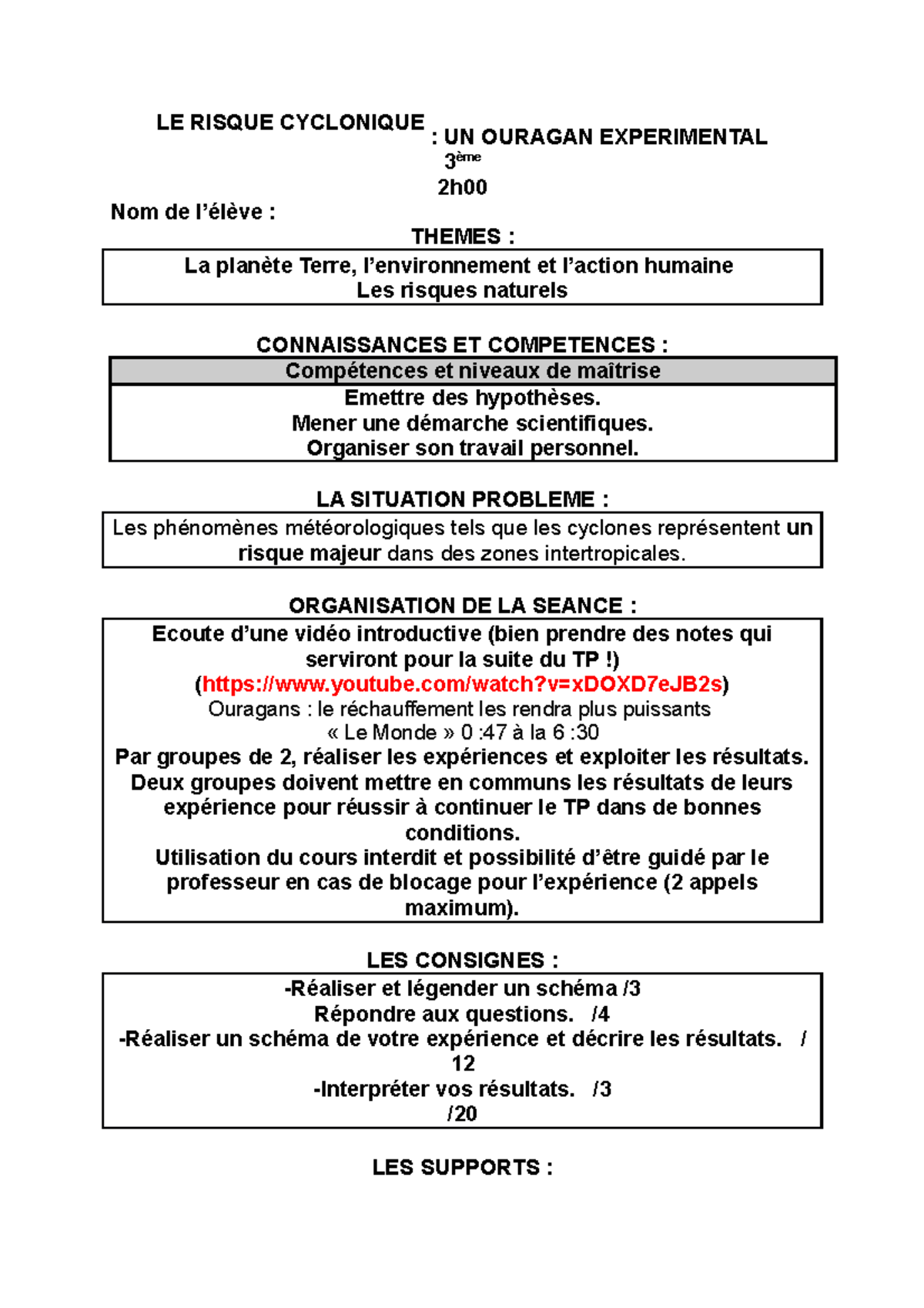 Activité Ouragan - LE RISQUE CYCLONIQUE : UN OURAGAN EXPERIMENTAL 3 ème ...
