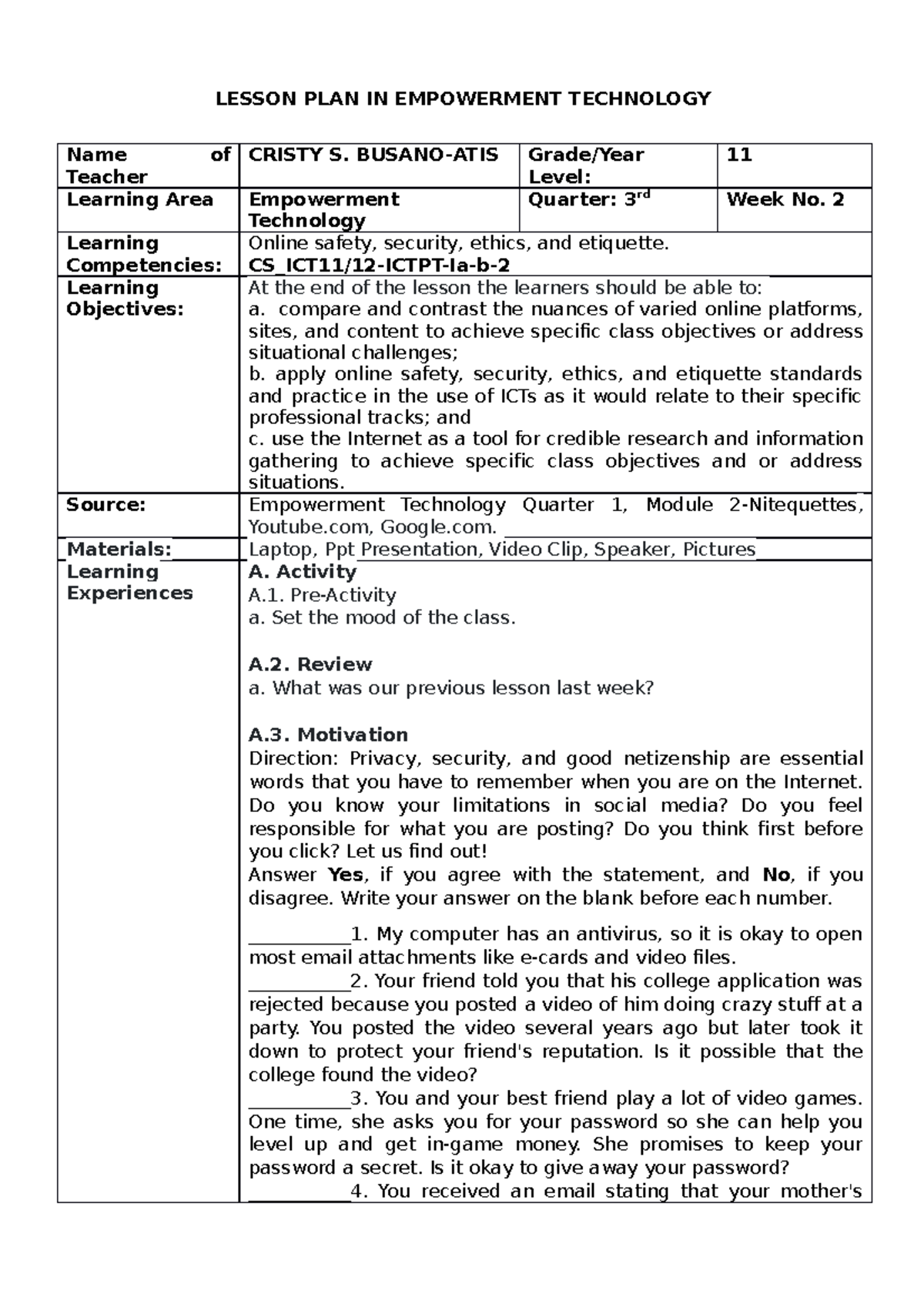 Lesson PLAN IN MIL 11-Nitequettes - LESSON PLAN IN EMPOWERMENT ...