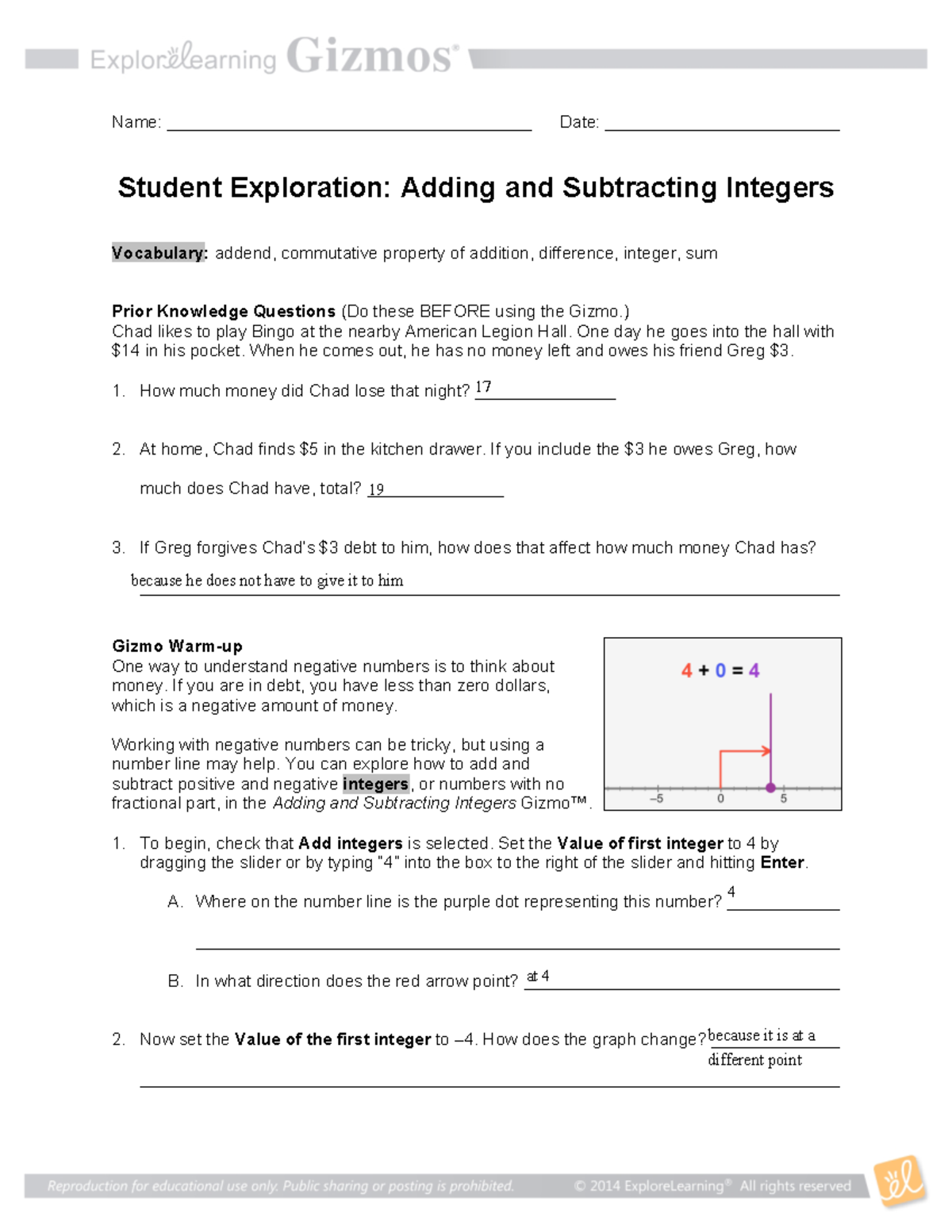 Matthew Medina - Add Subtract Integers SE - Name: Date: Student ...
