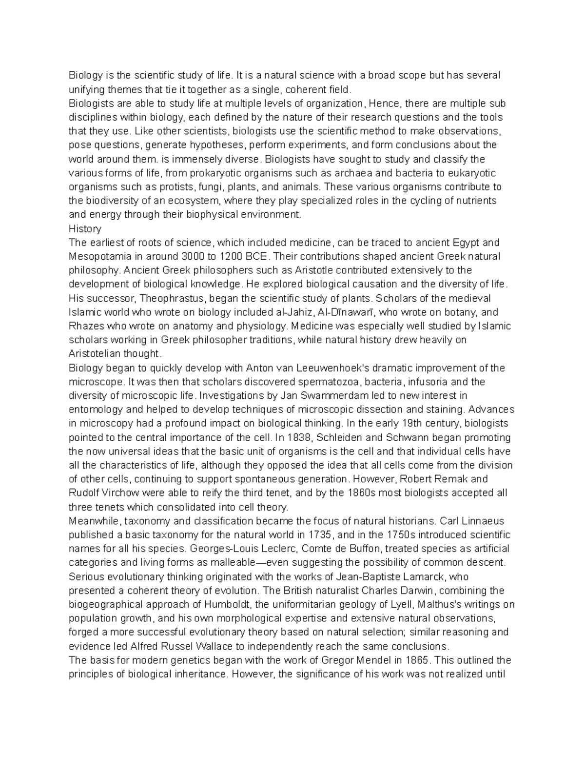 Untitled document - essay - Biology is the scientific study of life. It ...