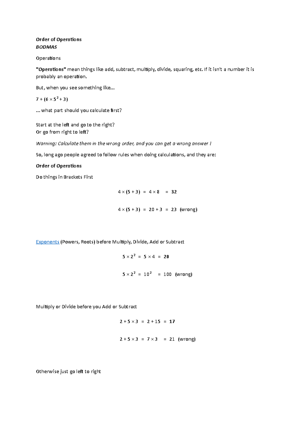 Order of Operations - Practice material notes - Order of Operations ...