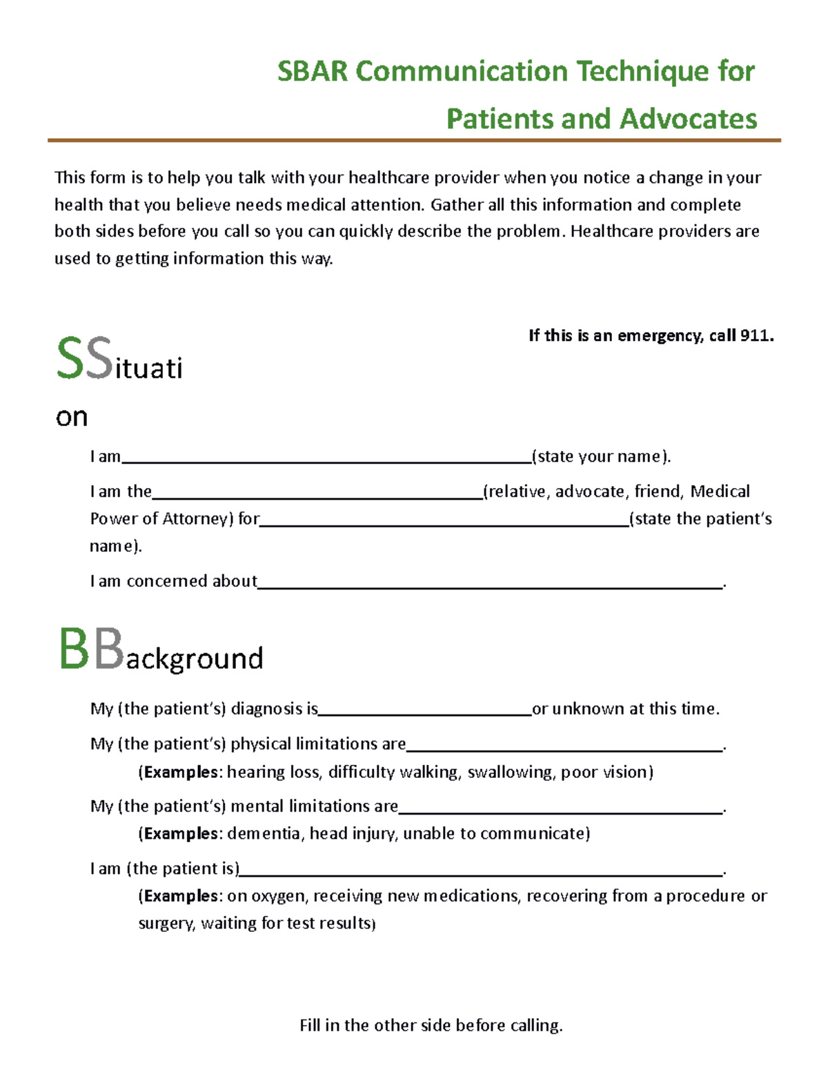 Example of sbar - sbar - SBAR Communication Technique for Patients and ...