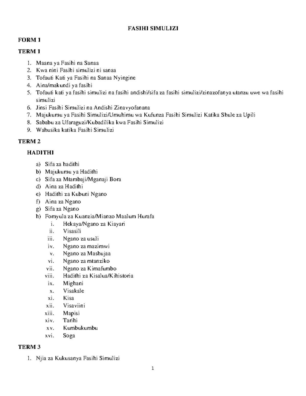 Topics IN SOW Kiswahili, Ushairi, Isimujamii NA Fasihi - FASIHI ...
