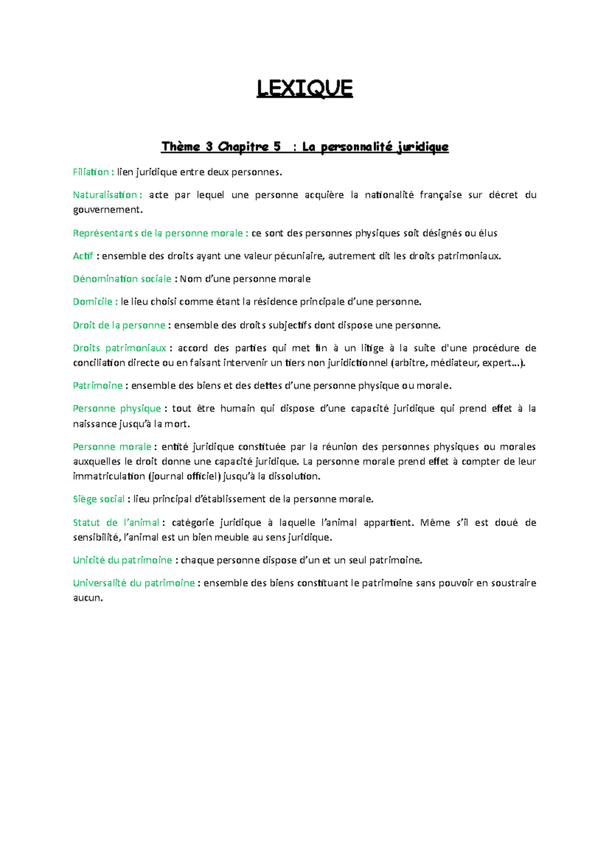 Lexique Theme 3 - LEXIQUE Thème 3 Chapitre 5 : La personnalité juridique Filiation : lien ...