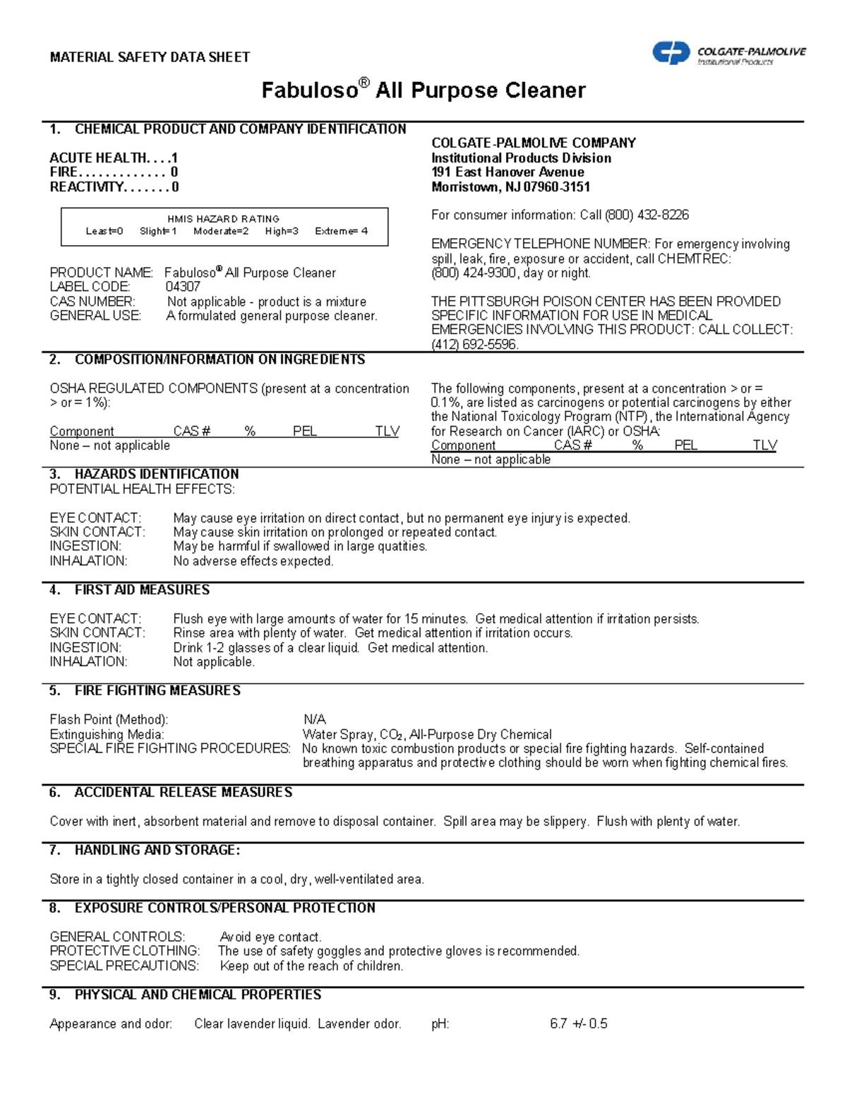CPC04307 CT MSDS - idk - MATERIAL SAFETY DATA SHEET Fabuloso ® All ...