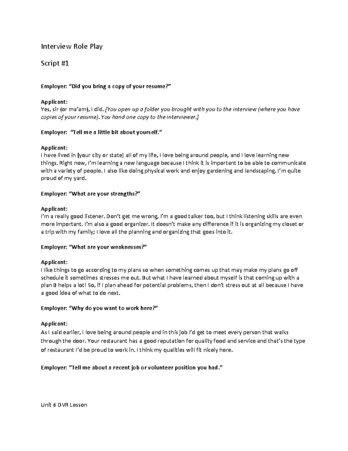 PROJECT jdn for mba 2022 - 2023 - Unit 6 DVR Lesson Interview Role Play ...