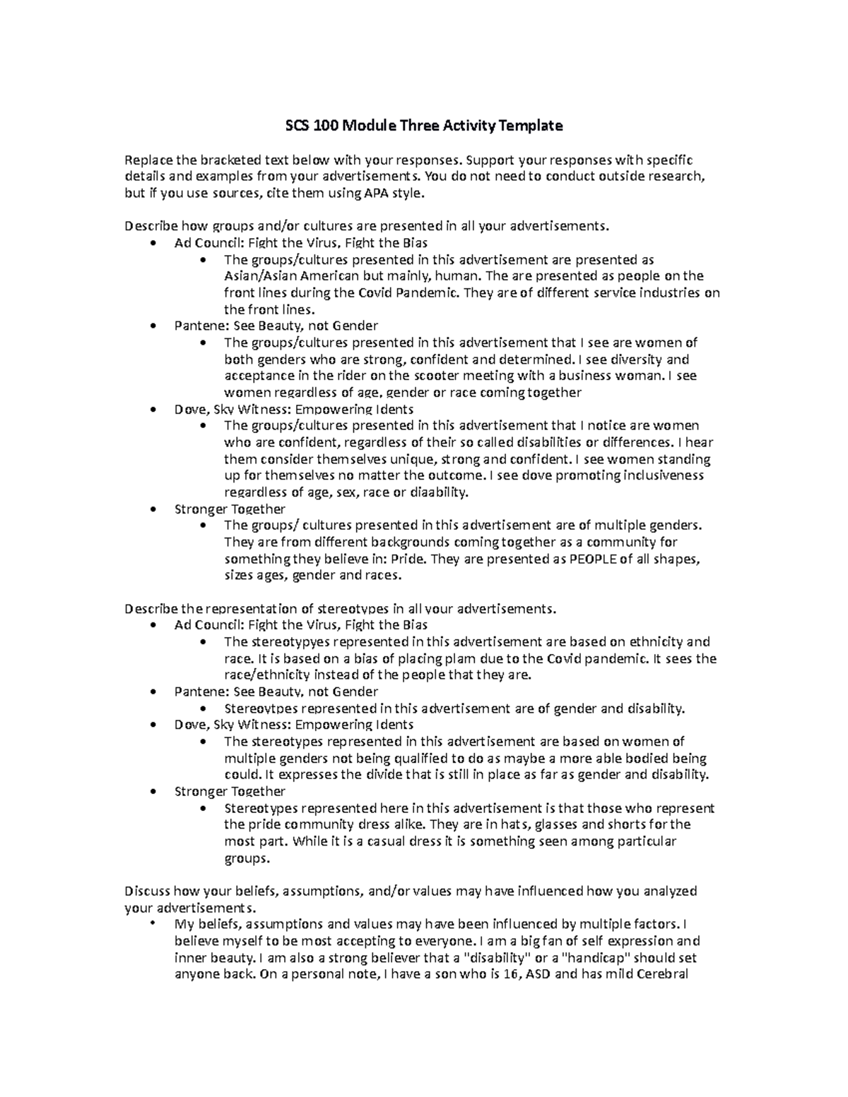 SCS 100 Module Three Activity - Support your responses with specific ...