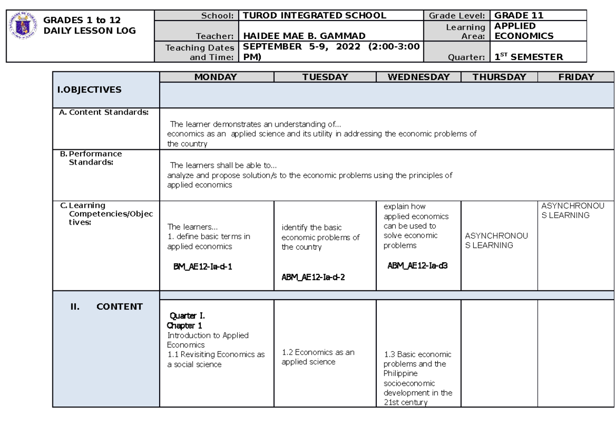 1ST WEEK- Applied Economics - GRADES 1 to 12 DAILY LESSON LOG School ...