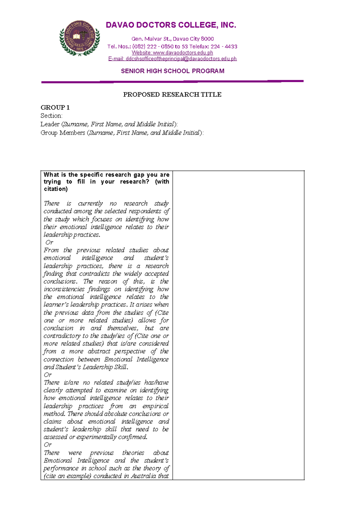 Sample- Proposed Research Title - Gen. Malvar St., Davao City 8000 Tel ...