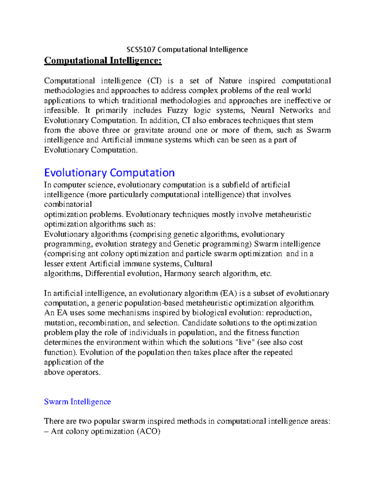 Computational Intelligence Notes Scs5107 Computational Intelligence Computational Intelligence