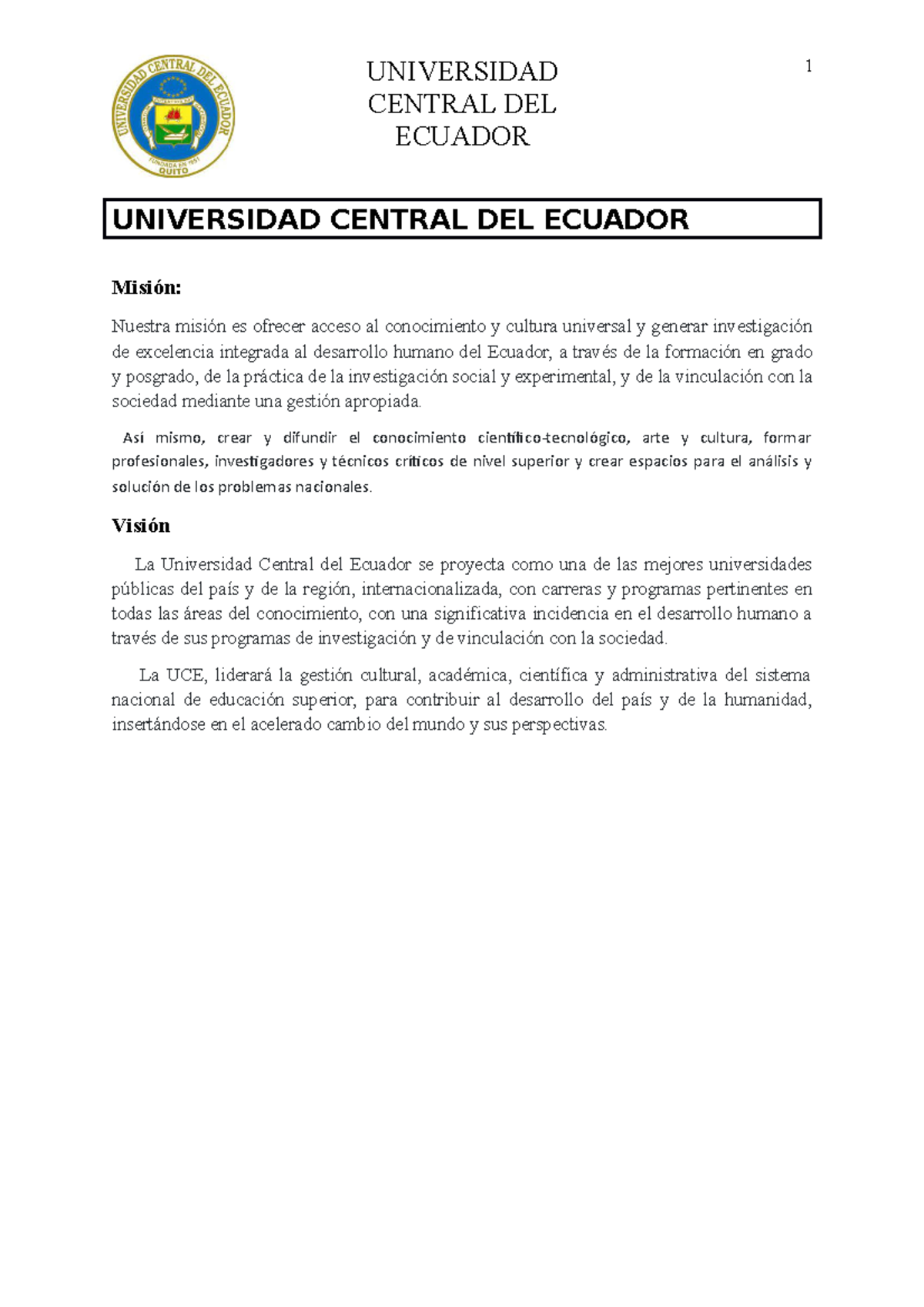 2. Mision Vision - informacion - UNIVERSIDAD CENTRAL DEL ECUADOR 1 ...