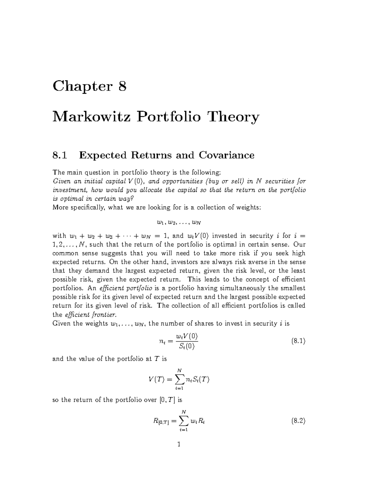 Week10 - PDF Noter - Chapter 8 Markowitz Portfolio Theory 8 Expected Returns and Covariance The ...