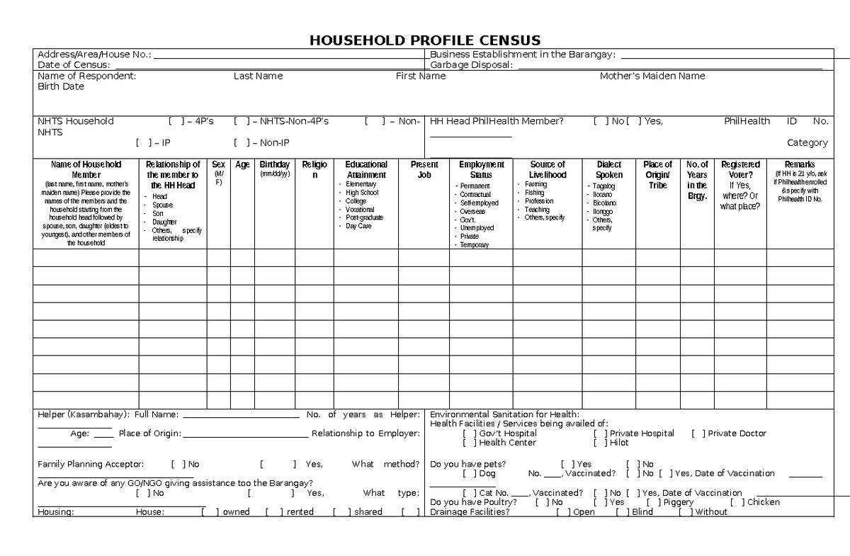 Household Profile Census asin - HOUSEHOLD PROFILE CENSUS Address/Area ...
