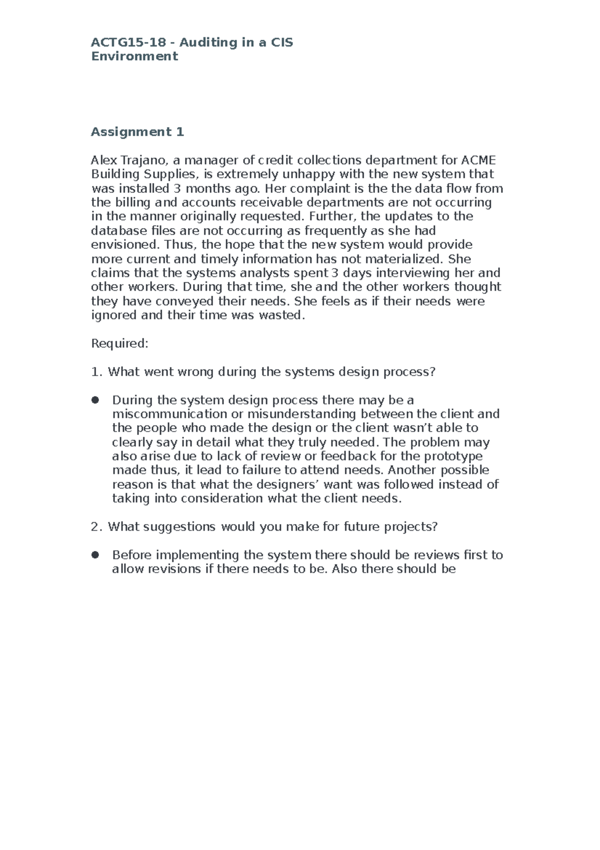 System Auditing - ACTG15-18 - Auditing in a CIS Environment Assignment 1 Alex Trajano, a manager ...