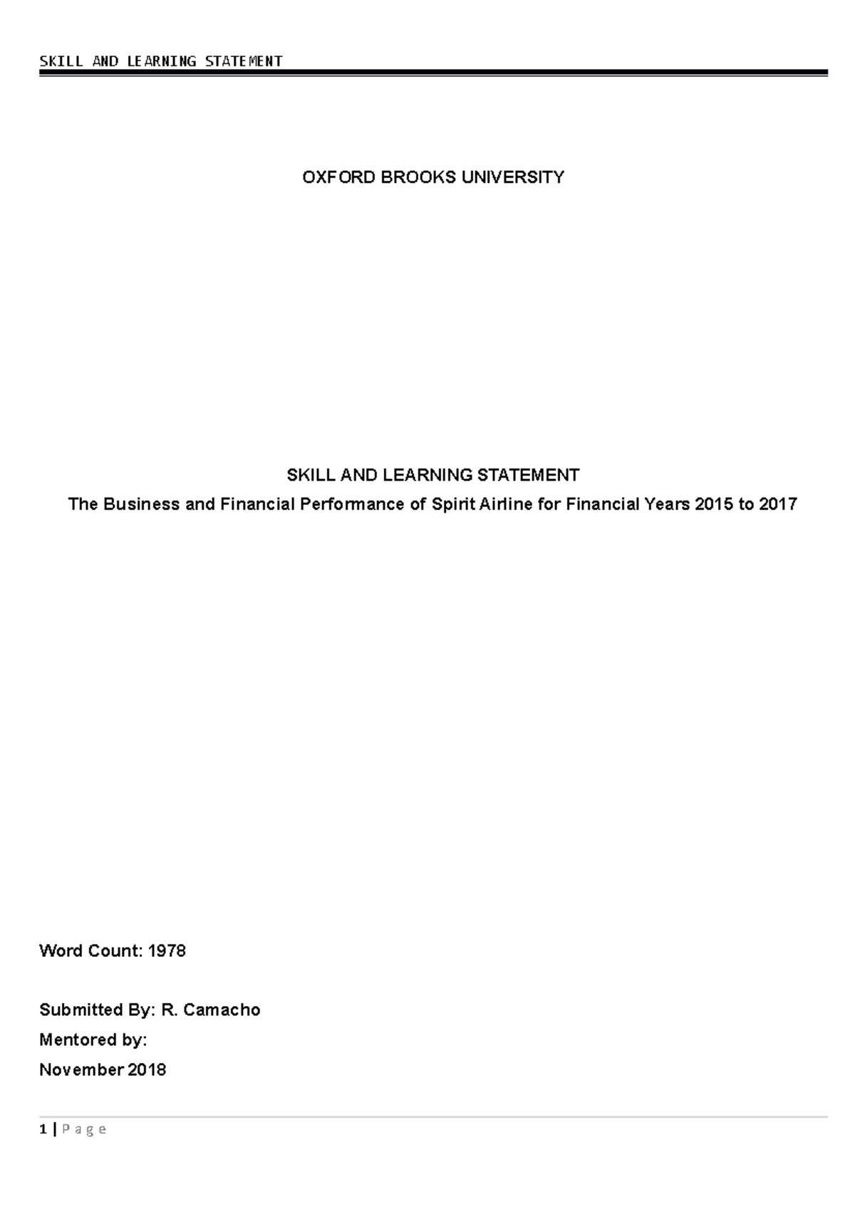 Skill and Learning Statement 1 - OXFORD BROOKS UNIVERSITY SKILL AND ...