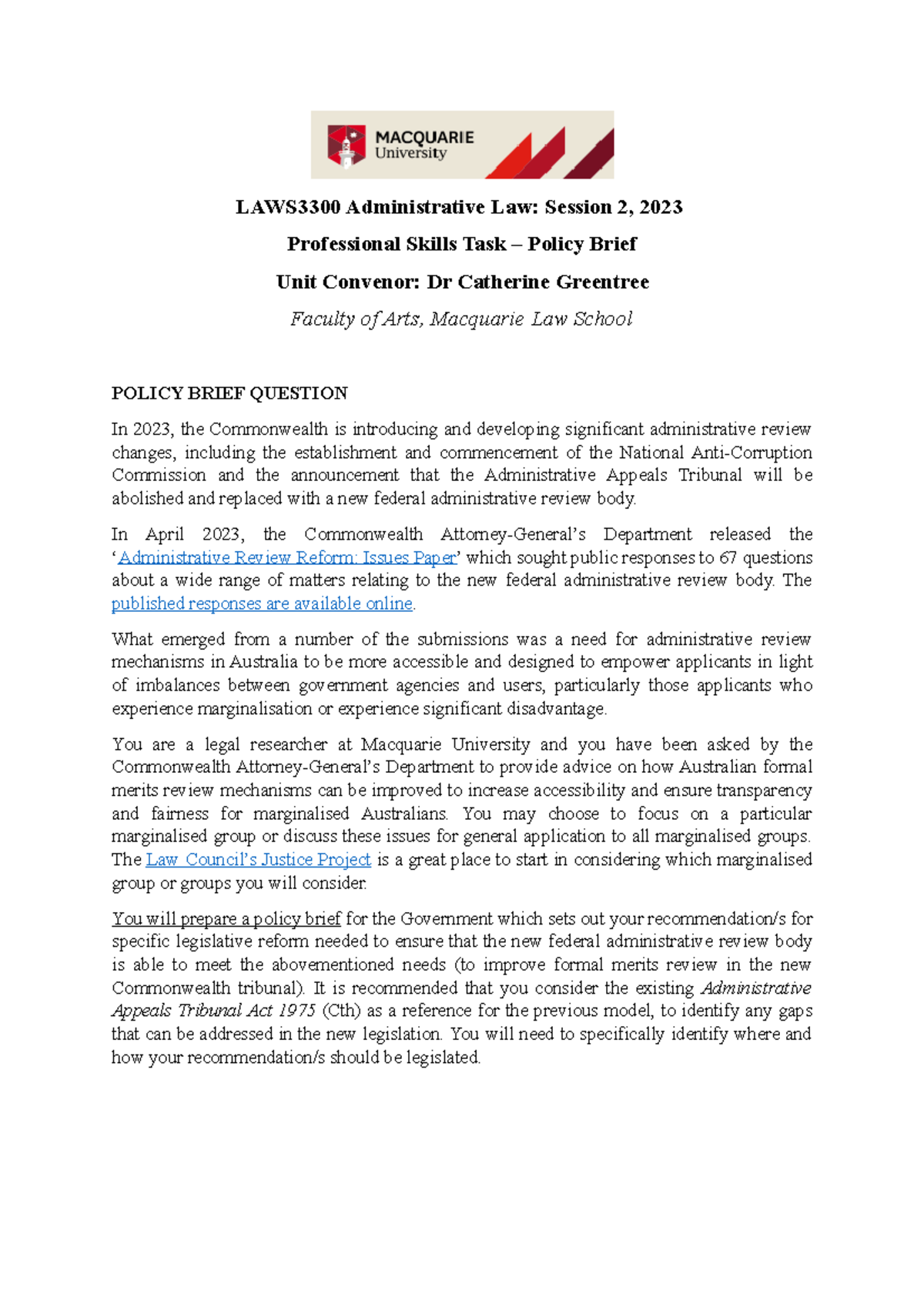 LAWS3300 Policy Brief Assessment Instructions Session 2, 2023 ...