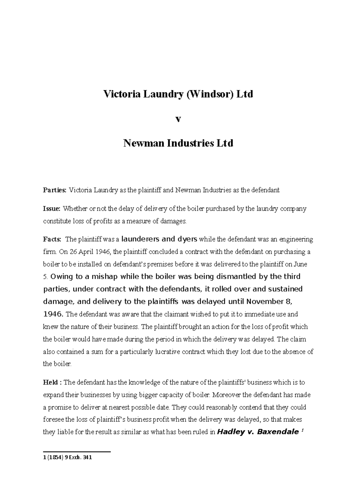 Case review Law of Contract II - Victoria Laundry (Windsor) Ltd v ...