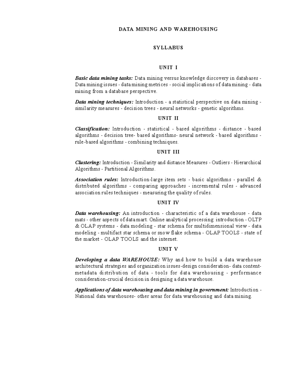 DATA MINING AND DATA WAREHOUSING - DATA MINING AND WAREHOUSING SYLLABUS ...