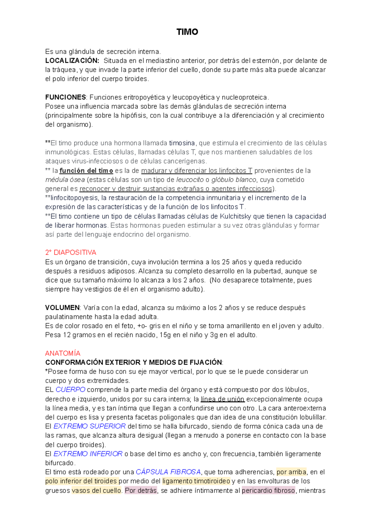TIMO - Resumen Fisiologia - TIMO Es una glándula de secreción interna ...