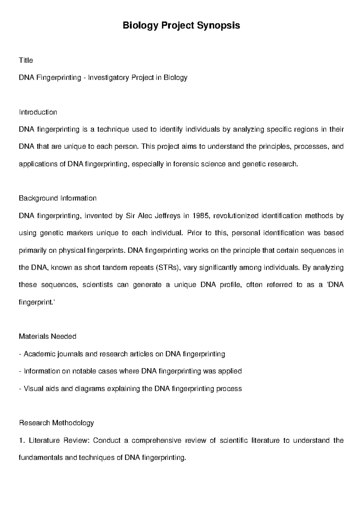 Biology Project Synopsis - Biology Project Synopsis Title DNA ...