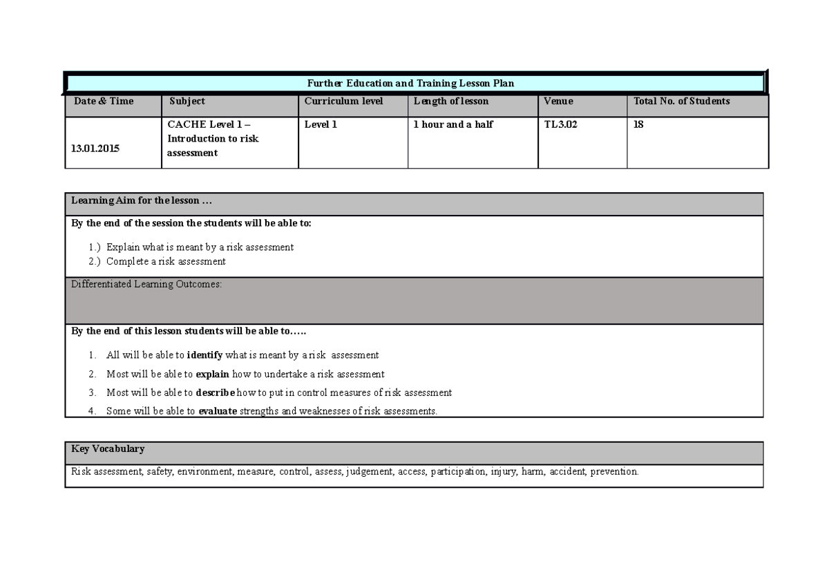Lesson plan on risk assessment - observation 3 - Further Education and ...