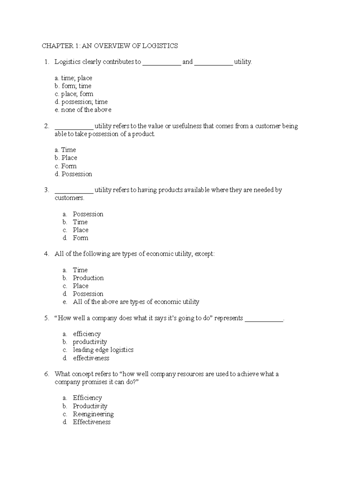 1-7 ko dap an logistics - èwefwefwe - CHAPTER 1: AN OVERVIEW OF ...