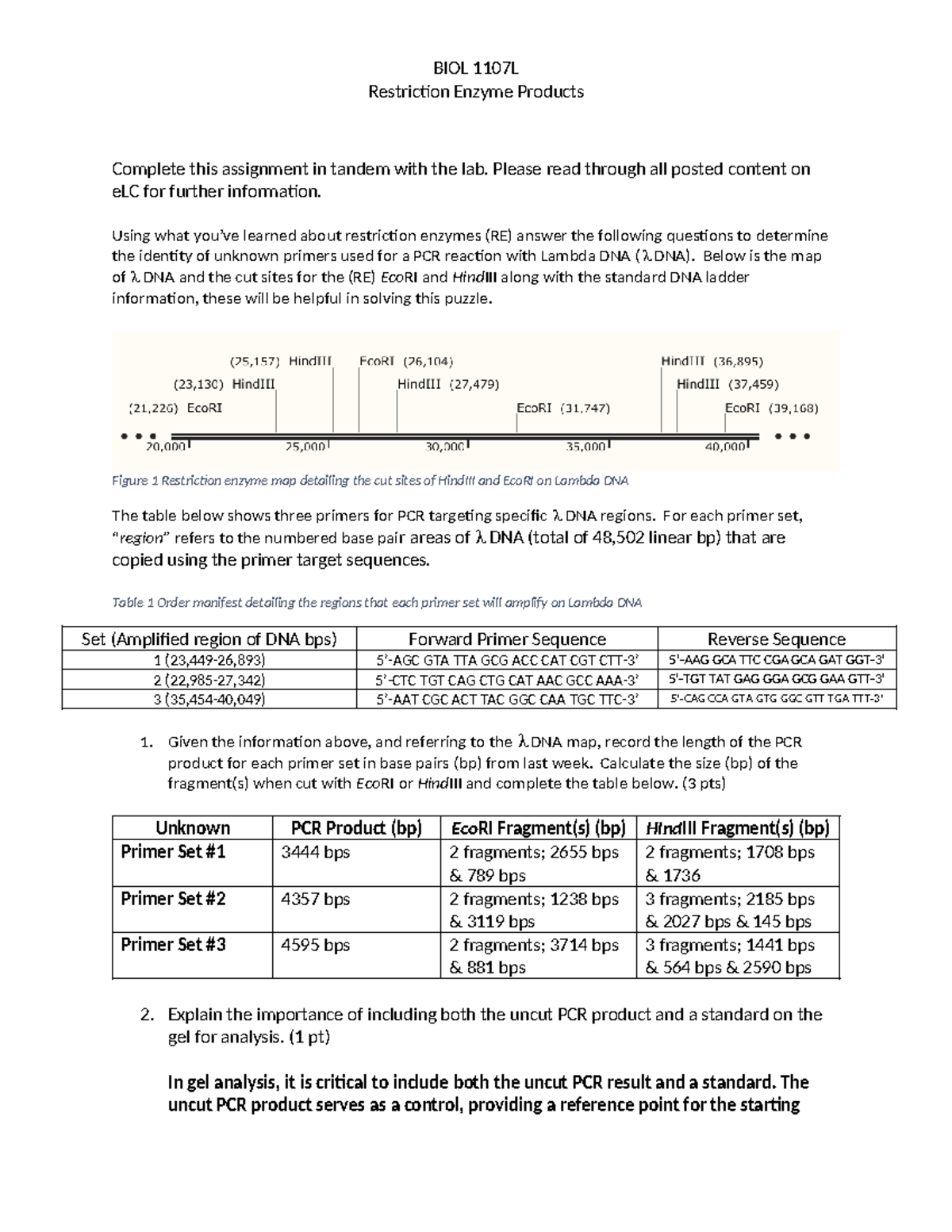 1107L-REP- lab 2023 - BIOL 1107L Restriction Enzyme Products Complete ...