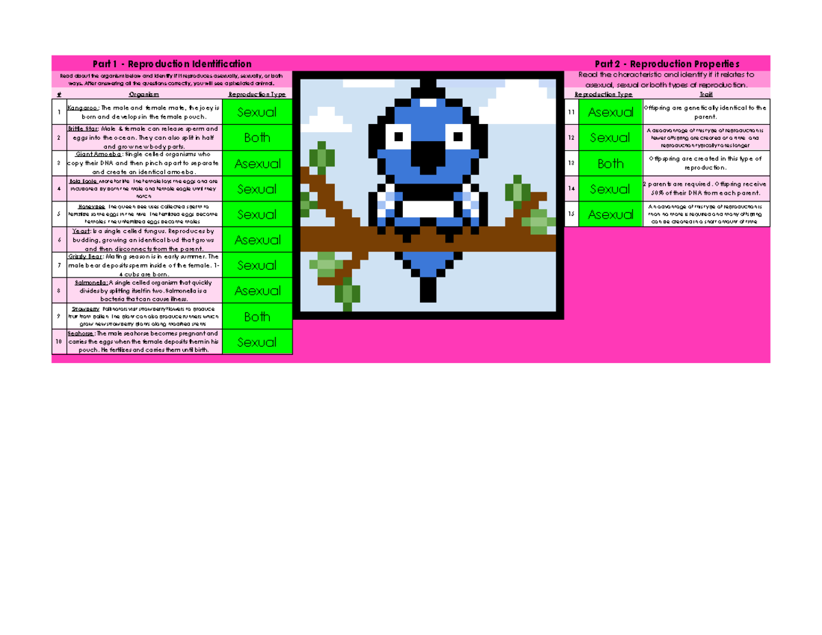 Copy of Student Copy of Asexual & Sexual Reproduction Pixel Art - Sheet ...