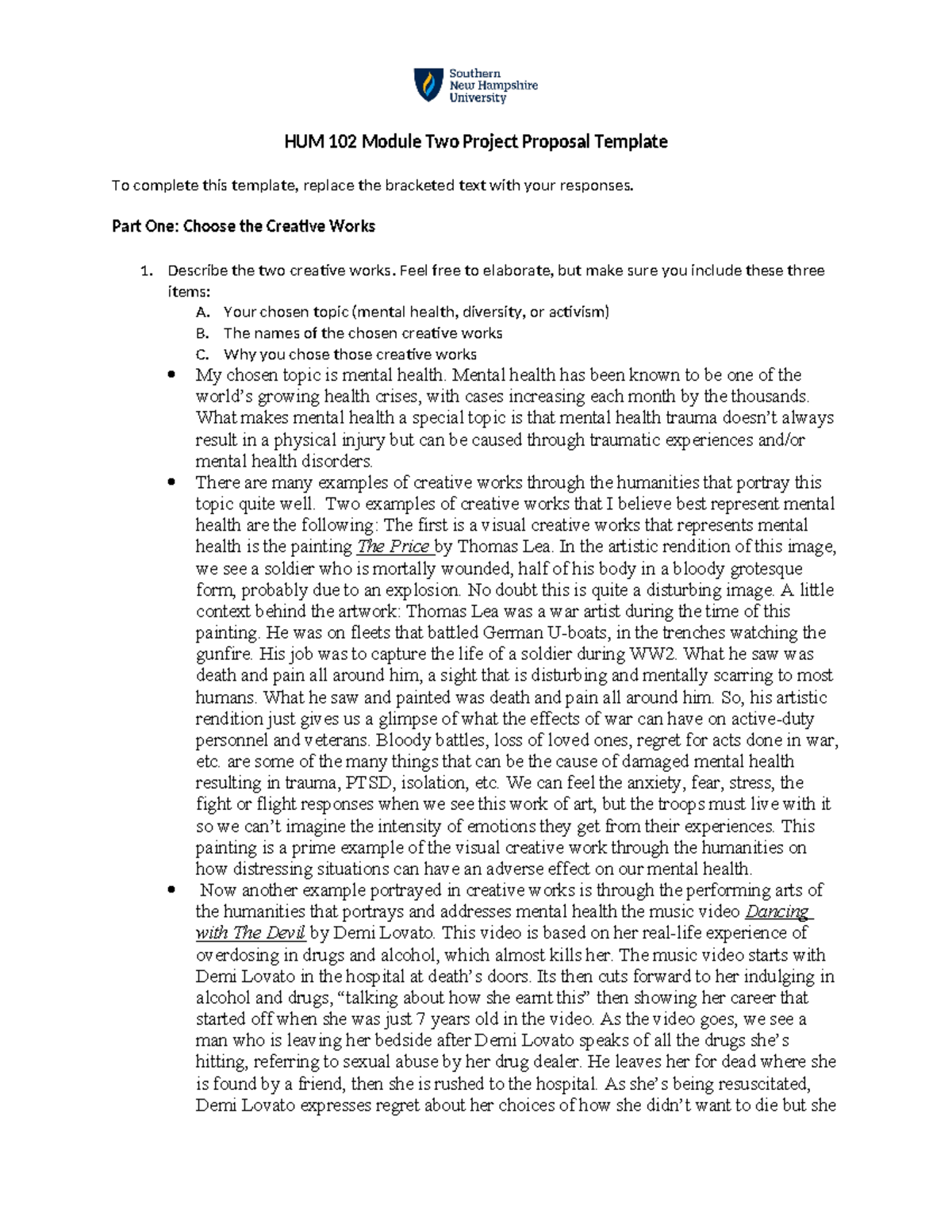 HUM 102 Module Two Project Proposal Template - Part One: Choose the ...