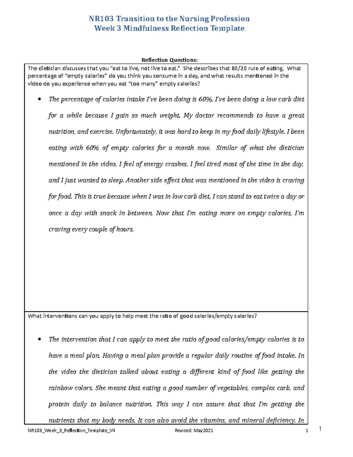 Reflection 3 - Example of homework - NR103 Transition to the Nursing ...