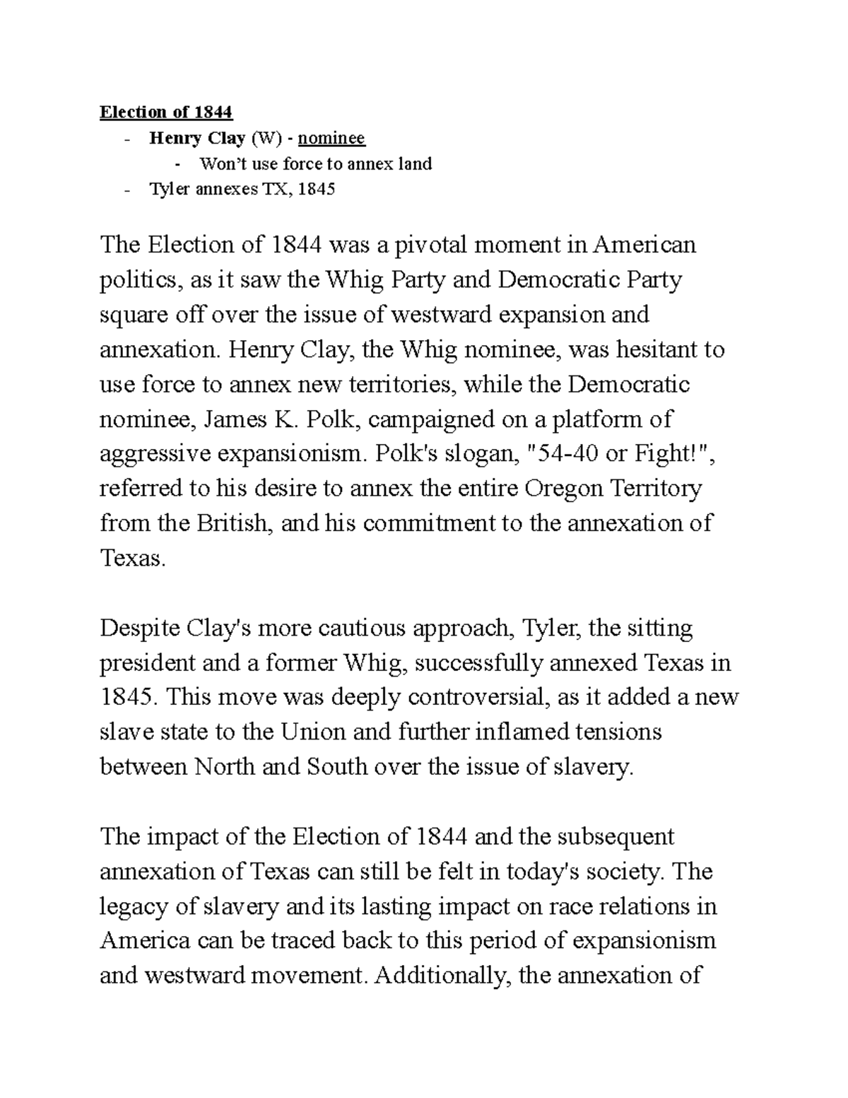 Election of 1844 - lecture notes Rachel Gunter - Election of 1844 ...