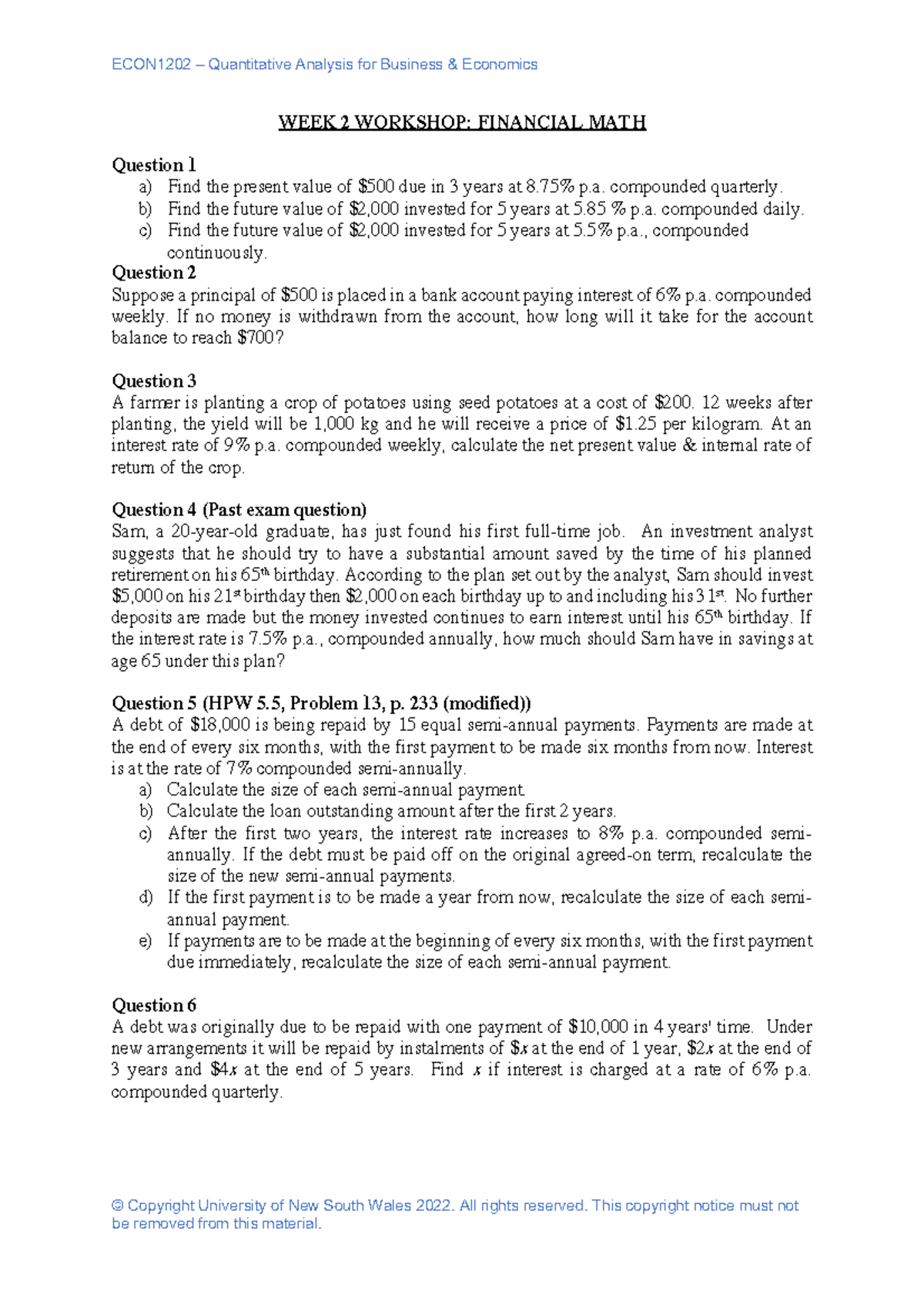 Week 2 Workshop Questions - ECON1202 – Quantitative Analysis for Business & Economics © - Studocu