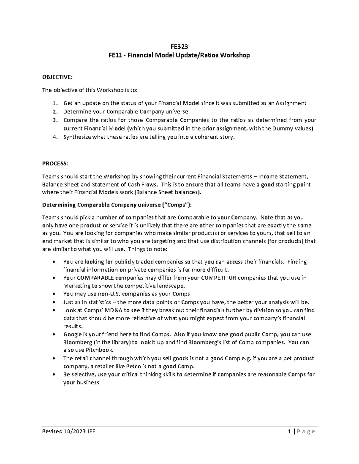 FE323 - Instructions for Model Update Ratio Analysis Workshop - Revised 10/2023 JFF 1 | P a g e ...