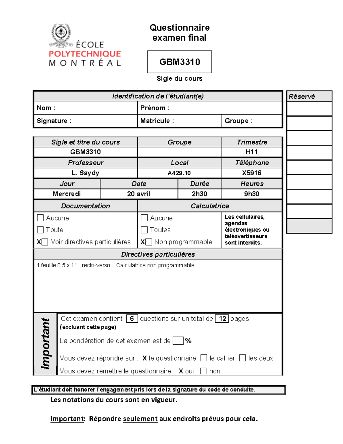 H-Énoncé préparation d'exam fait en classe - Questionnaire examen final ...