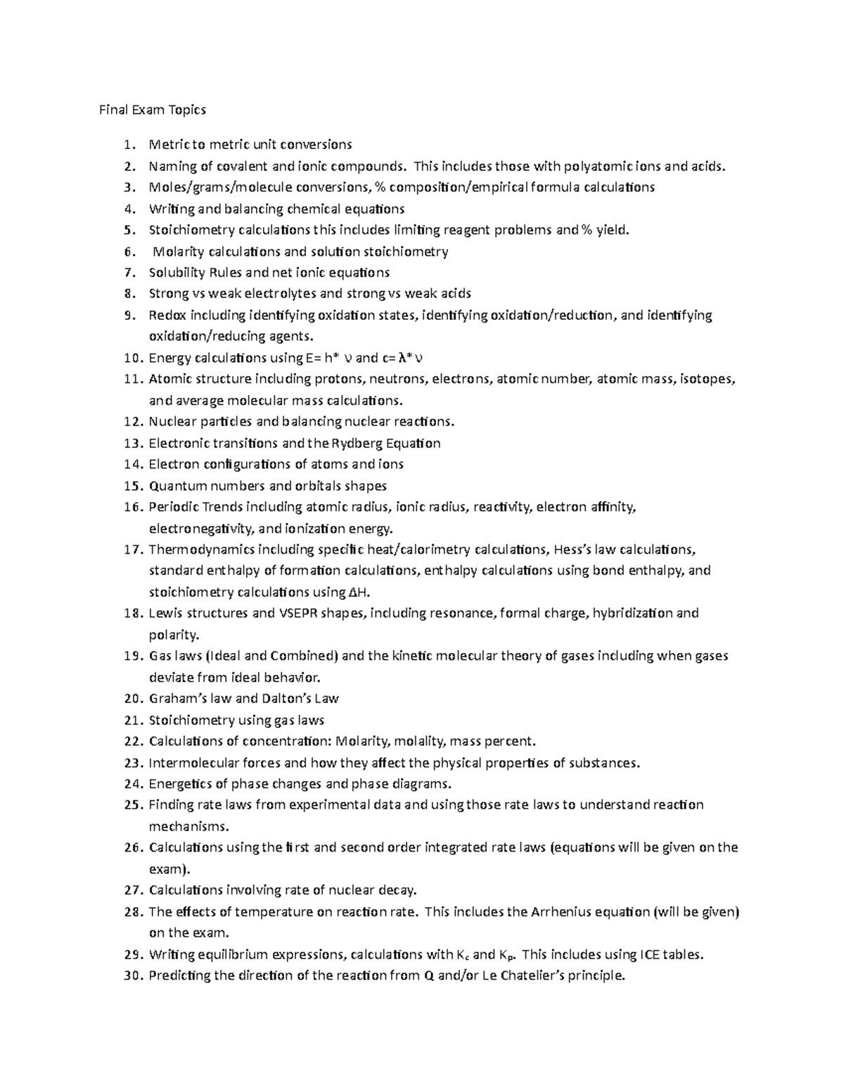 Final Exam Topics - chem - Final Exam Topics Metric to metric unit ...