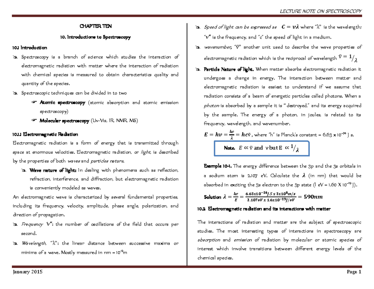 Instrumental Techniques - CHAPTER TEN 1 0. Introductions to Spectroscopy 1 0 Introduction - Studocu