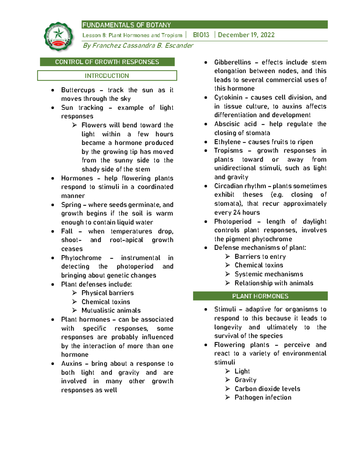 Plant Hormones and Tropism Notes - Lesson 8: Plant Hormones and Tropism ...