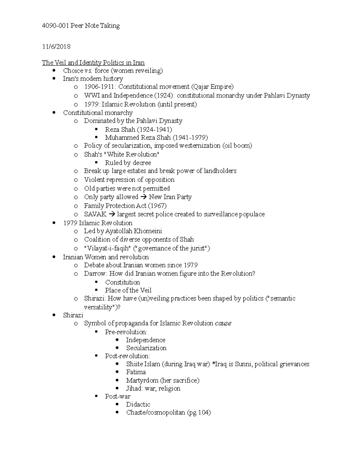 11:6:2018 lecture notes - 4090-001 Peer Note Taking 11/6/ The Veil and ...