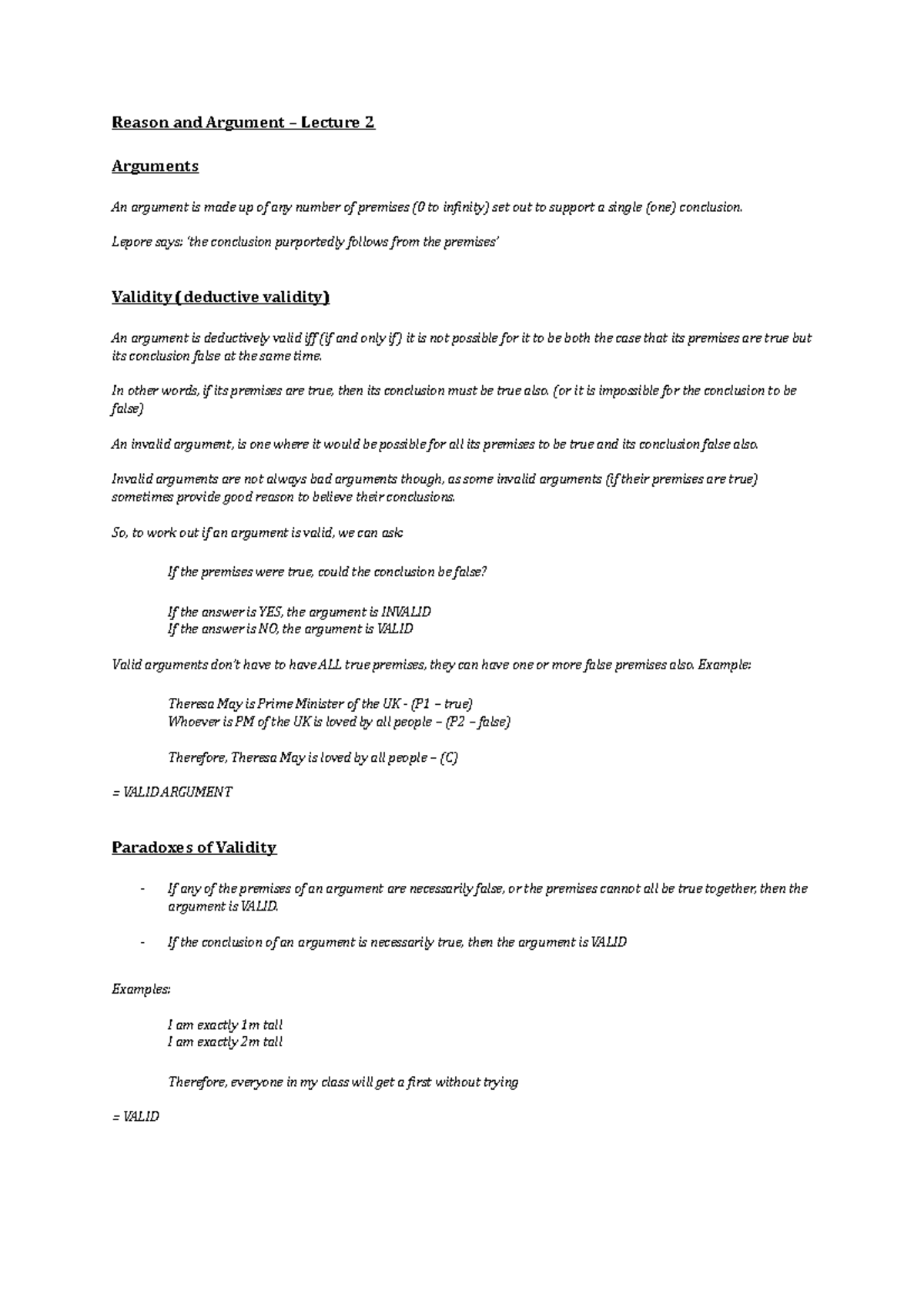 Lecture 2 Arguments And Validity Reason And Argument Lecture 2 Arguments An Argument Is