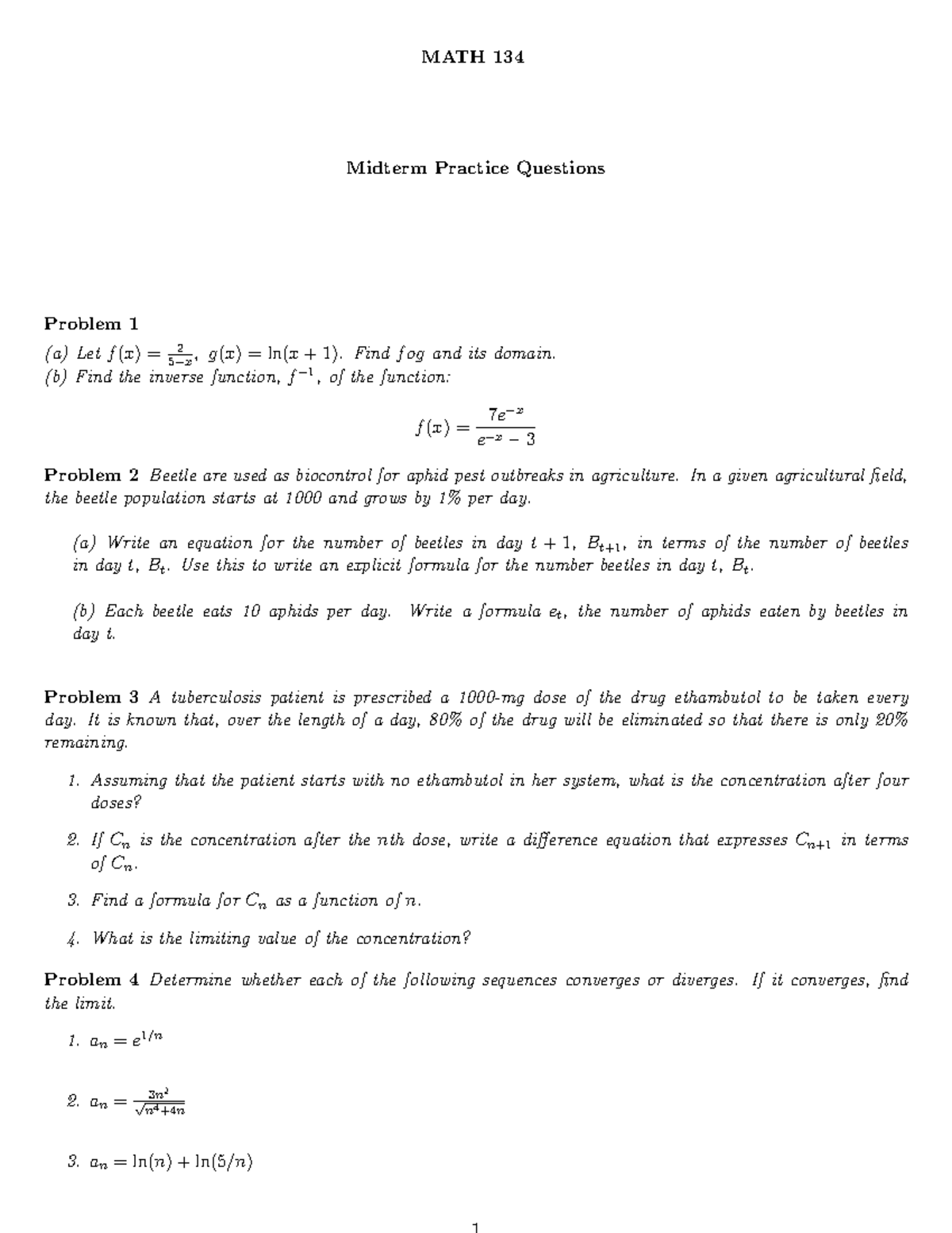 Midterm Practice Questions - MATH 134 Midterm Practice Questions Problem 1 (a) Let f (x) = 5 − 2 ...