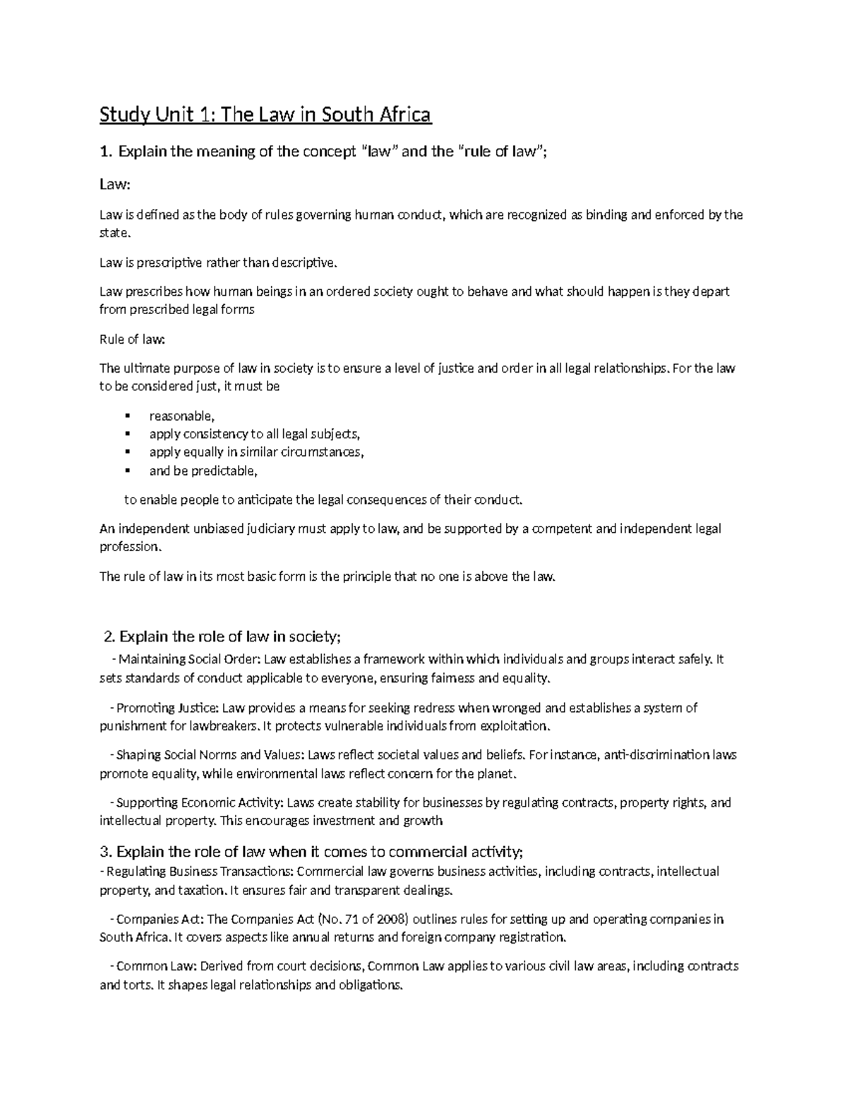 Study Unit 1 - Summary Commercial law - Study Unit 1: The Law in South ...