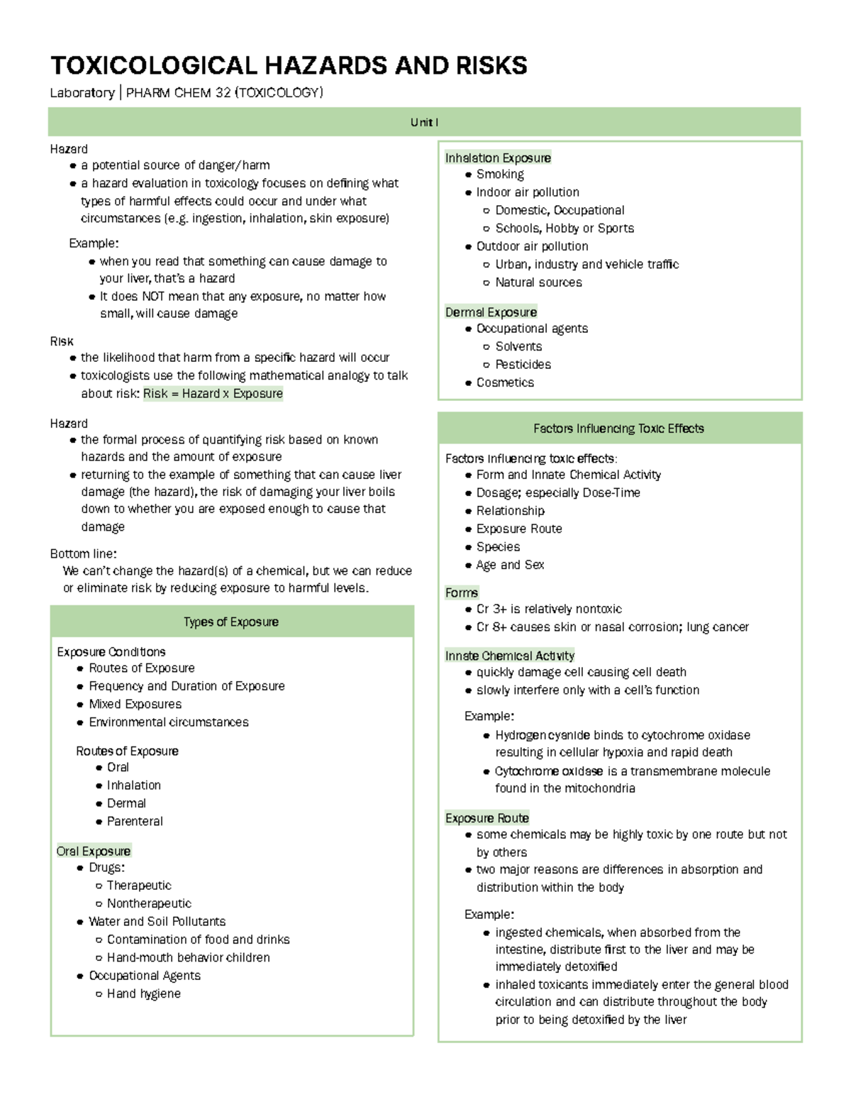 LAB 1. Toxicological Hazards and Risks - TOXICOLOGICAL HAZARDS AND ...
