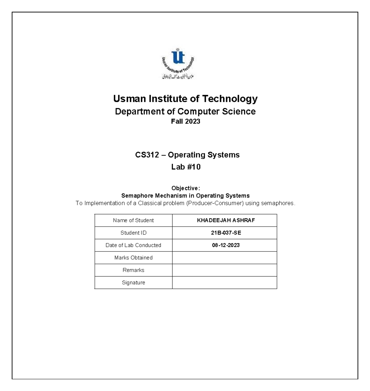 LAB 10 -CS312 -OPERATING SYSTEMS - Usman Institute of Technology Department of Computer Science ...