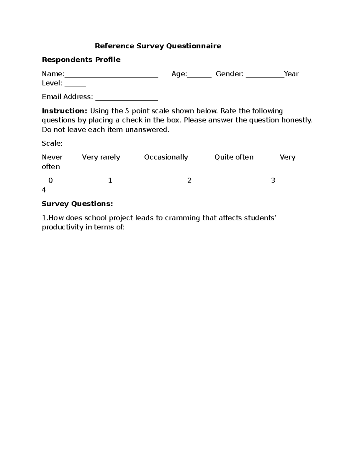 Survey-Questionnaire-pr2 - Reference Survey Questionnaire Respondents ...