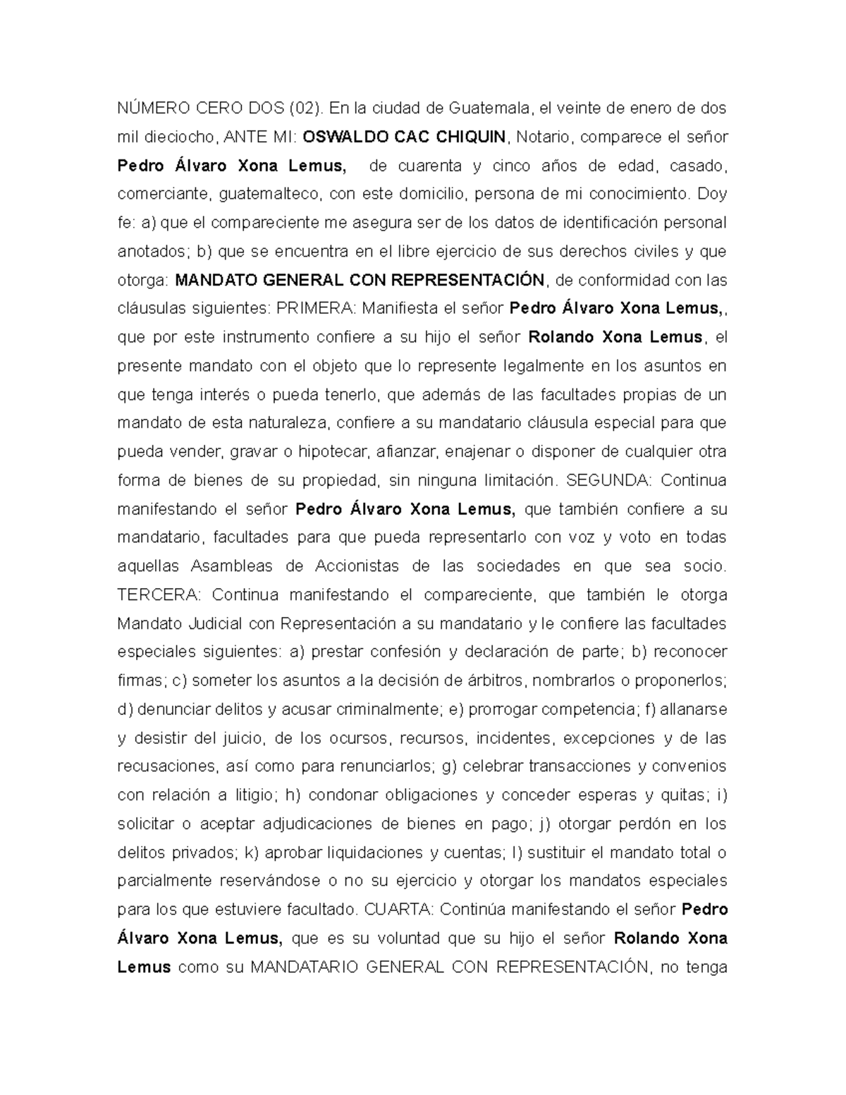 2. Contrato DE Mandato General CON Representacion - NÚMERO CERO DOS (02 ...