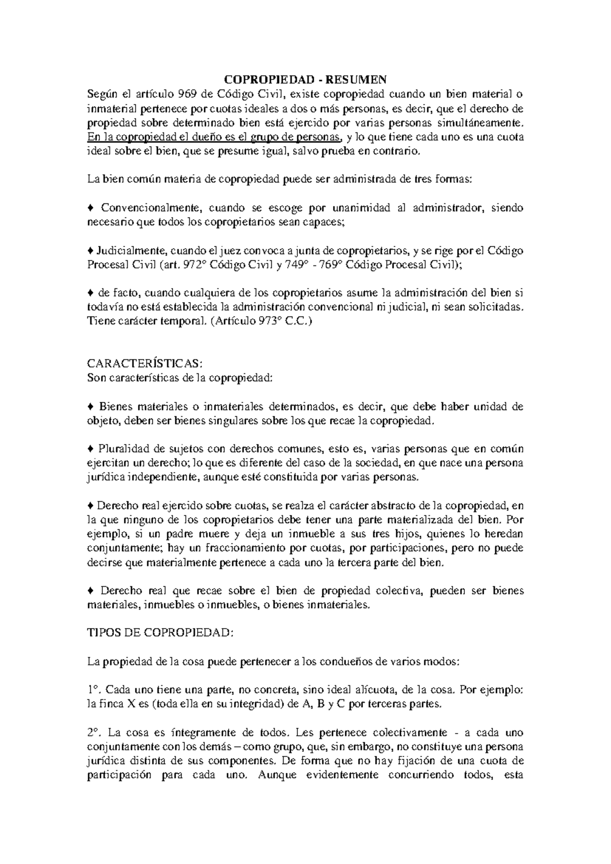 Copropiedad - RAU - COPROPIEDAD - RESUMEN Según el artículo 969 de ...