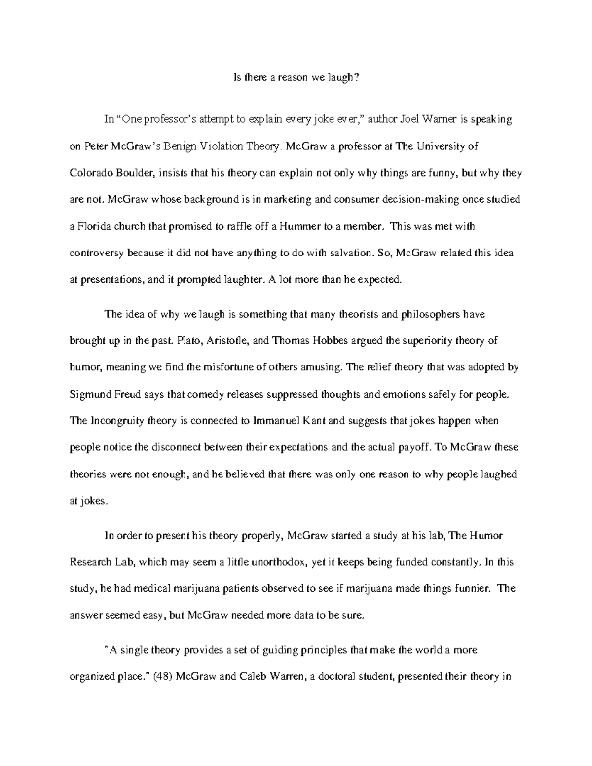 A1 - Mc Graw Benign Theory - Is there a reason we laugh? In “One ...