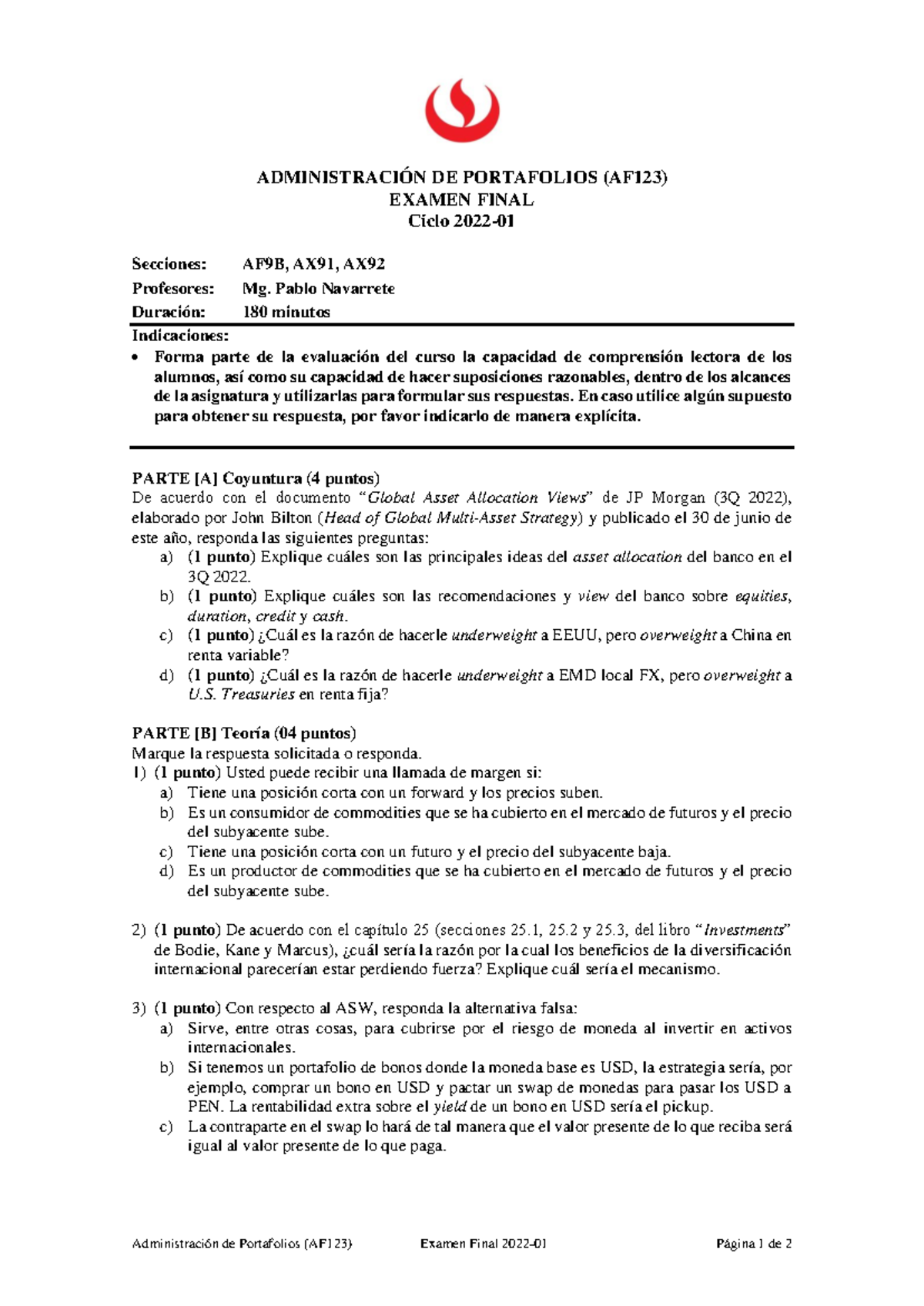 AF123-2022-1 Examen Final - Administración de Portafolios (AF1 2 3 ...