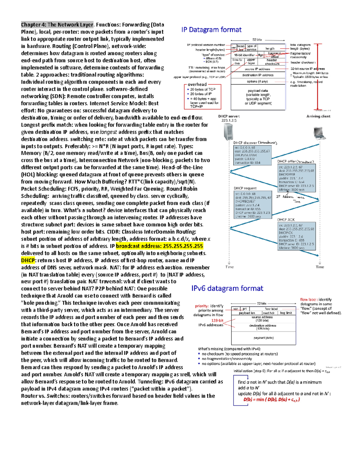 Final cheat sheet - Chapter 4: The Network Layer. Functions: Forwarding (Data Plane), local ...